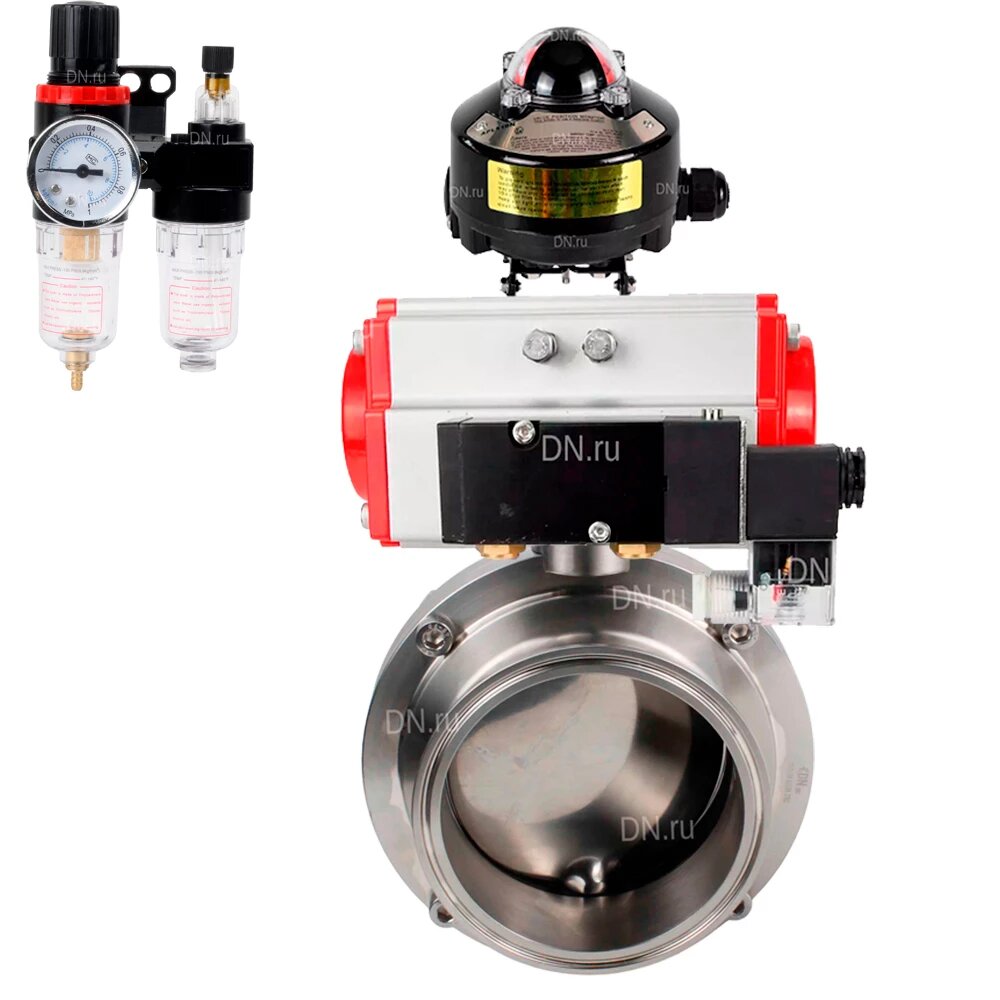 Затвор дисковый поворотный кламповый DN. ru 304-304-EPDM-2W-C-H Ду25 Ру10 корпус - пищевая нержавеющая сталь 304, уплотнение – EPDM, с пневмоприводом DA-052, пн. распределителем PND2-S1EM-52-1NC-J08-24VDC, БКВ LSB-510-02ExM12-250 и БПВ APU1-10-40-V08