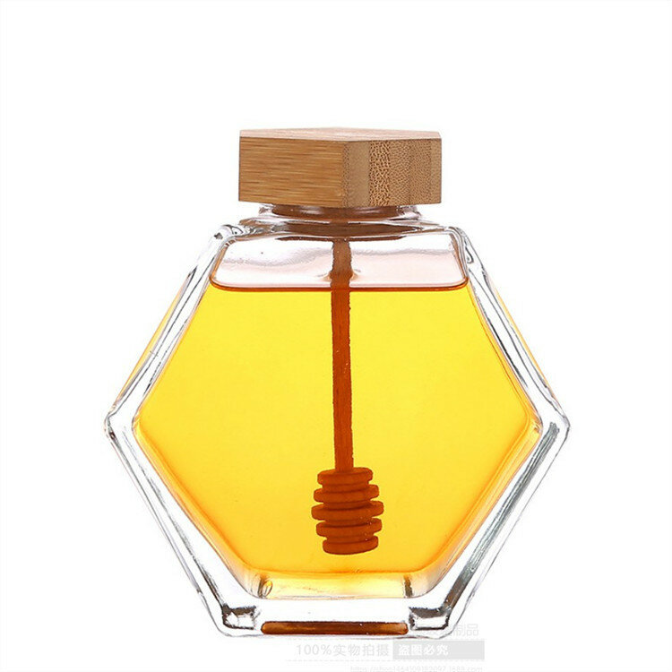 Стеклянная Бутылка Для Мёда: Шестигранная Форма С Толстой Деревянной Крышкой - Прочный Материал Для Долговечности И Плоское Дно Для Удобного Использования Бутылка Для Сиропа Для Домашнего Хранения