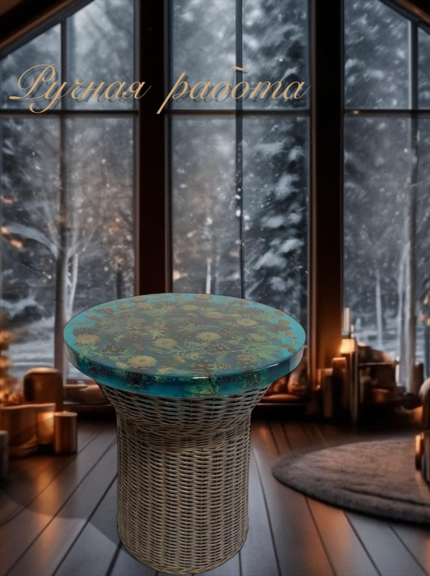 Эксклюзивный стол из экоротанга и эпоксидной смолы "Сосновый бор". Ручная работа.