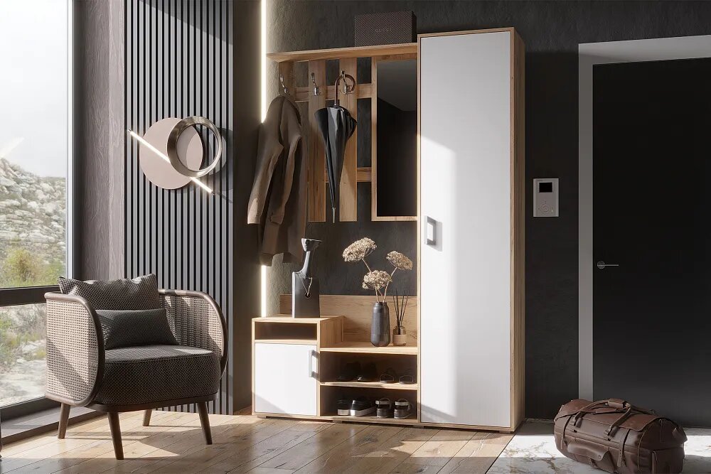 Прихожая центральная секция стенка зеркало, шкаф платяной, Визит, 144х205.2х40 см, Дуб крафт / Белый глянец