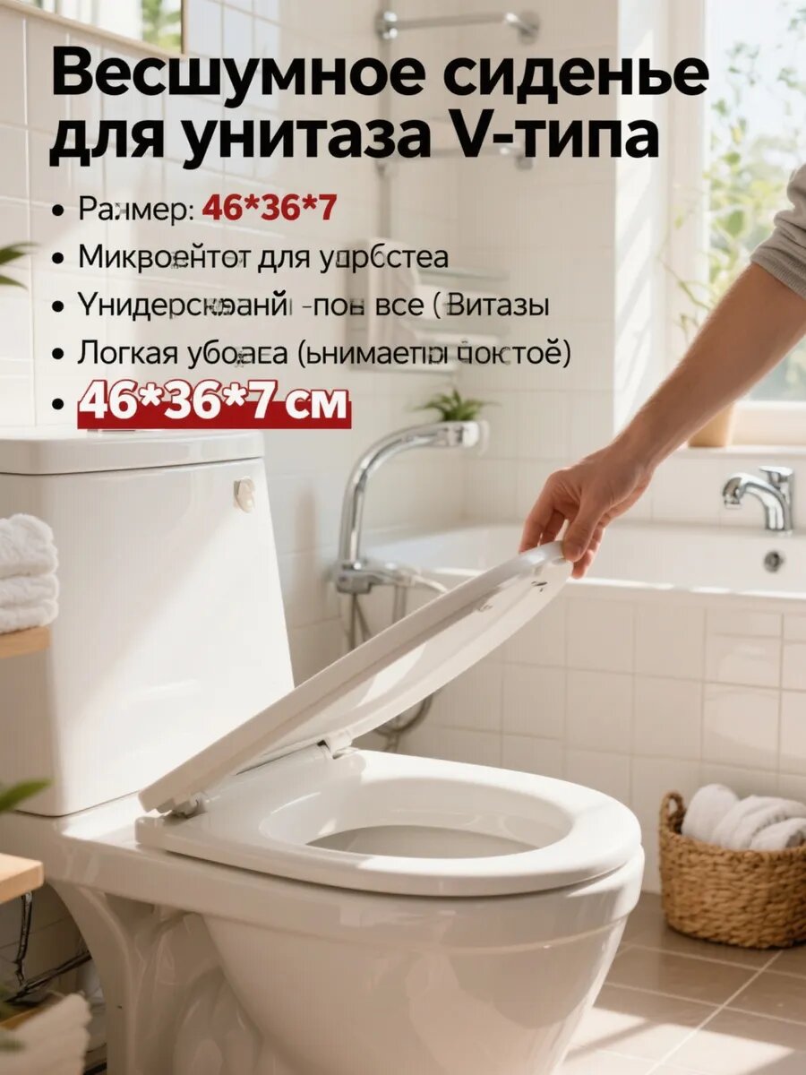 Усиленное сиденье для унитаза с плавным опусканием. Подходит для большинства моделей.