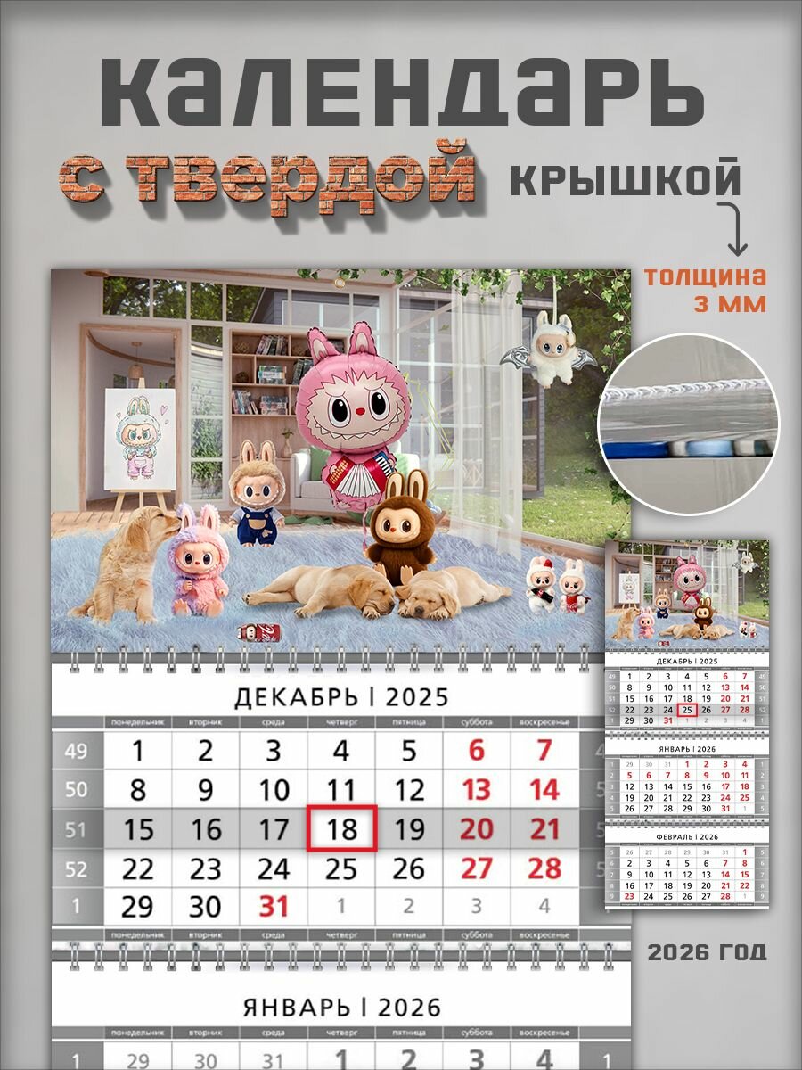 Настенный квартальный трехблочный календарь "Лабубу" (Labubu)