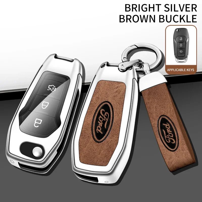 Автомобильный металлический кожаный чехол для дистанционного ключа для Ford Figo 2017 Mondeo 5 Ecosport Puma 2020 Fiesta Mk8 Everest Ranger 3 Fusion F150 Silver Brown