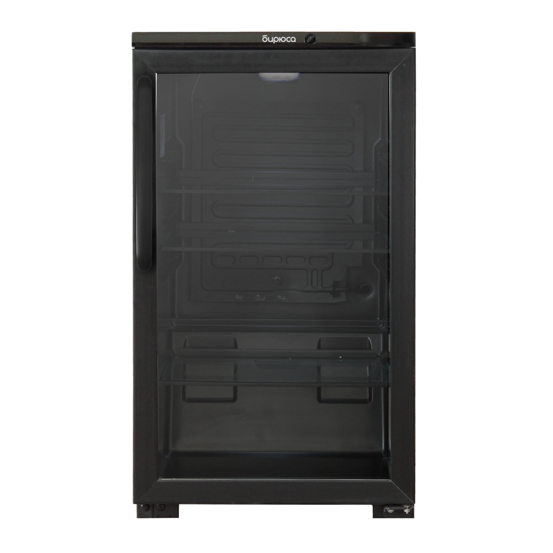 Шкаф-витрина Бирюса L102, 115 л, LED-освещение, 3 полки, перенавешиваемая дверь, черный