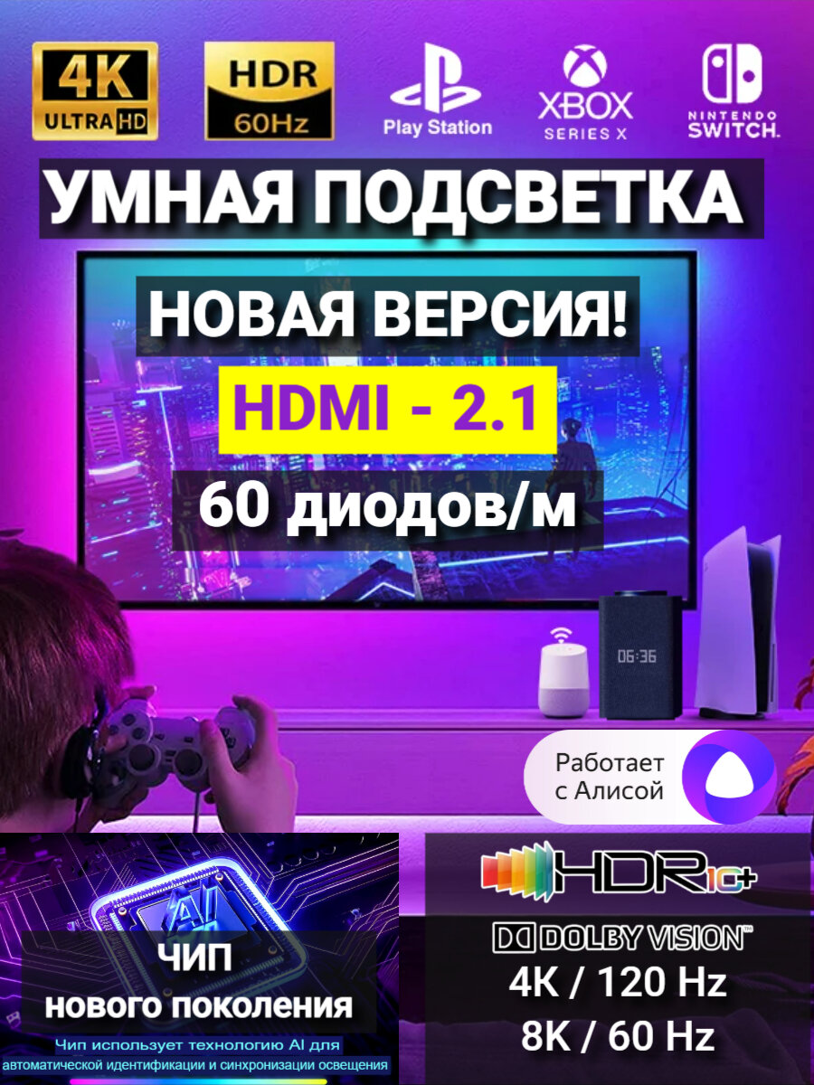 Подсветка для телевизора Ambilight HDMI 2.1 - 120Hz/4k 60 диодов/м для ТВ 32-75 диагонали Cветодиодная лента 5 метров