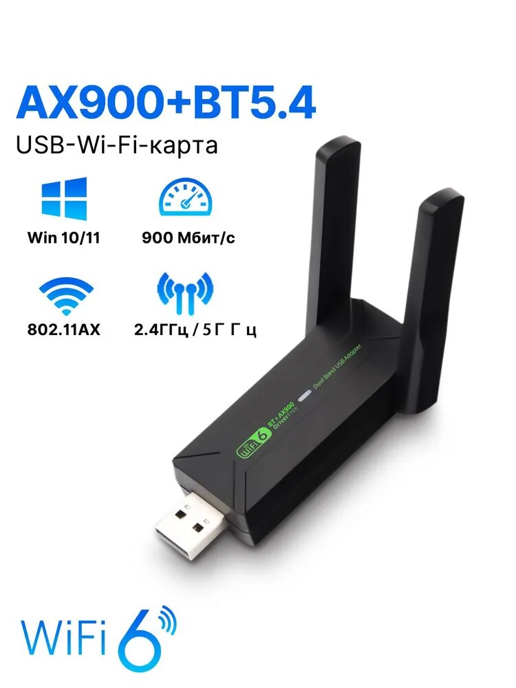 WIFI6 AX900 USB адаптер с Bluetooth 5.4, внешняя сетевая карта с двойной антенной, поддержка Linux и Windows 7/10/11, без драйверов, чип AIC8800M80