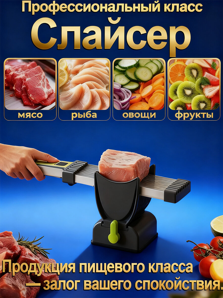 Слайсер, используемый для нарезки мяса на ломтики, которые можно нарезать ломтиками, полосками и частицами
