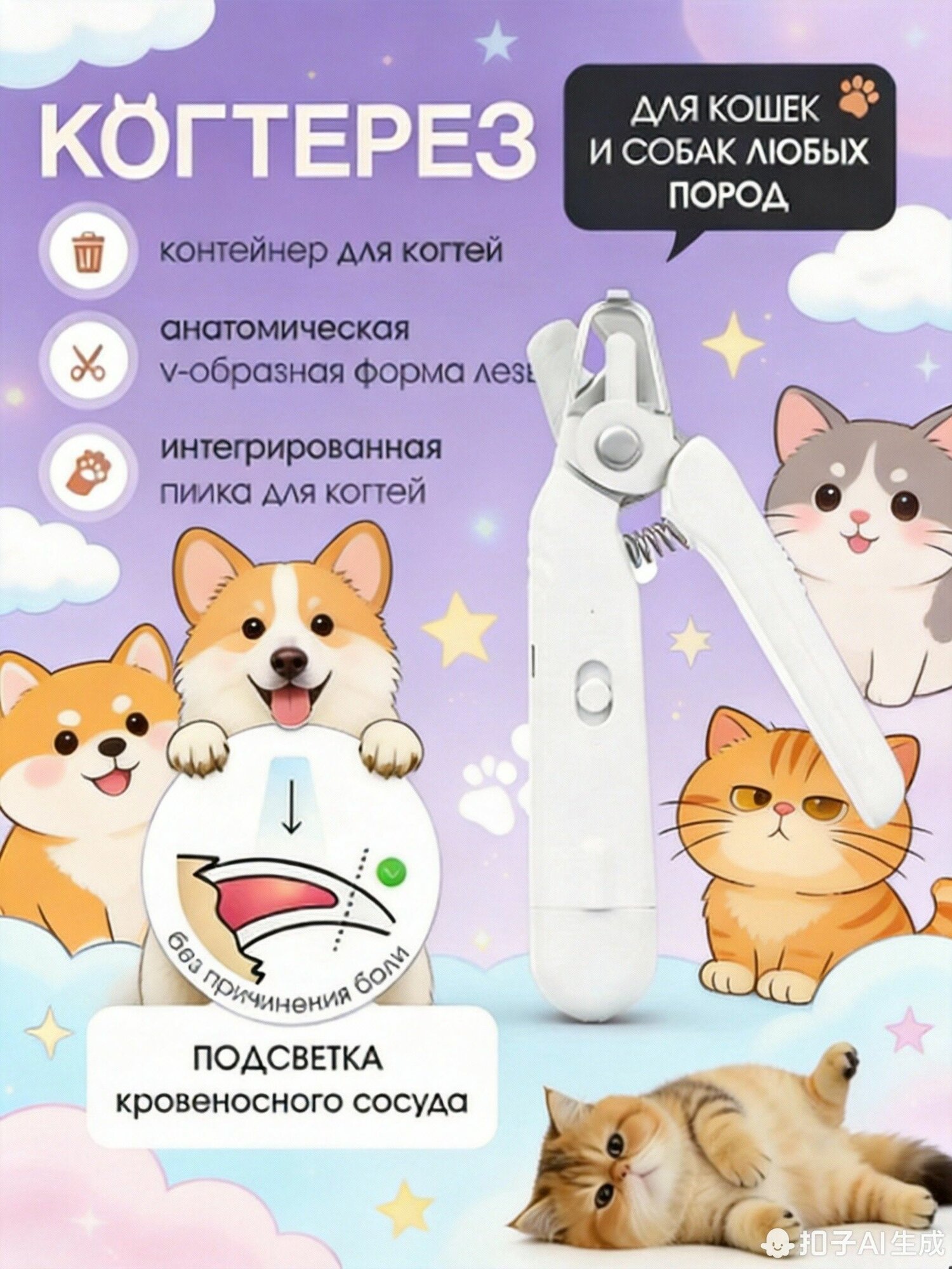 Когтерез-Ножницы Пилка для Когтей, для Собак и Кошек, Двойная LED-Подсветкой, ABS Пластик, Металл