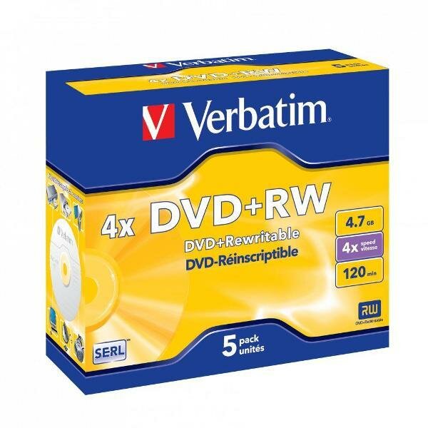 Диск DVD+RW Verbatim 4.7 ГБ 4X SERL, 5 шт. в коробках