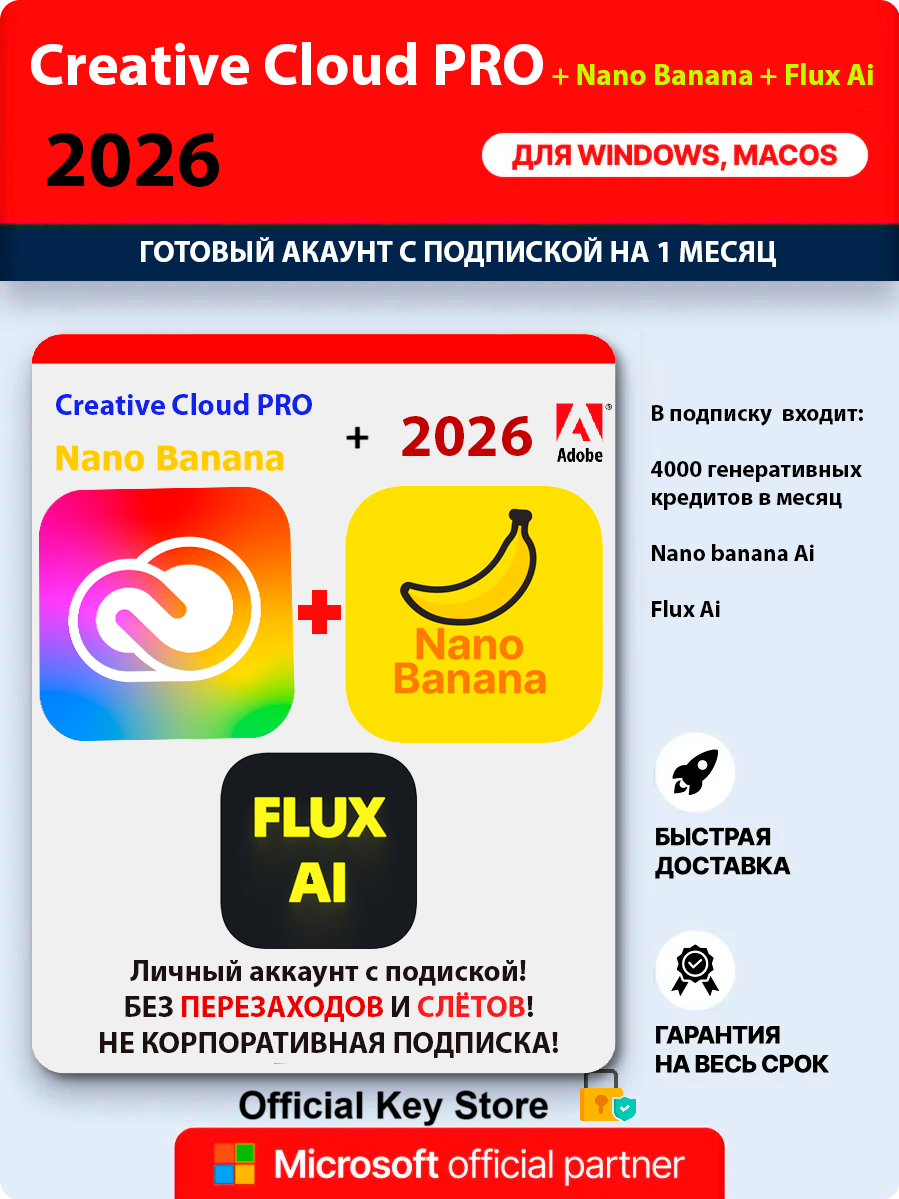 Creative cloud PRO 2026 + Nano banana + Flux Ai готовый личный аккаунт с подпиской на 1 месяц без перезаходов