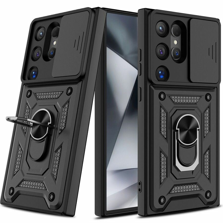 Противоударная накладка с защитой камеры Armor Case с кольцом для Samsung S24 Ultra черный