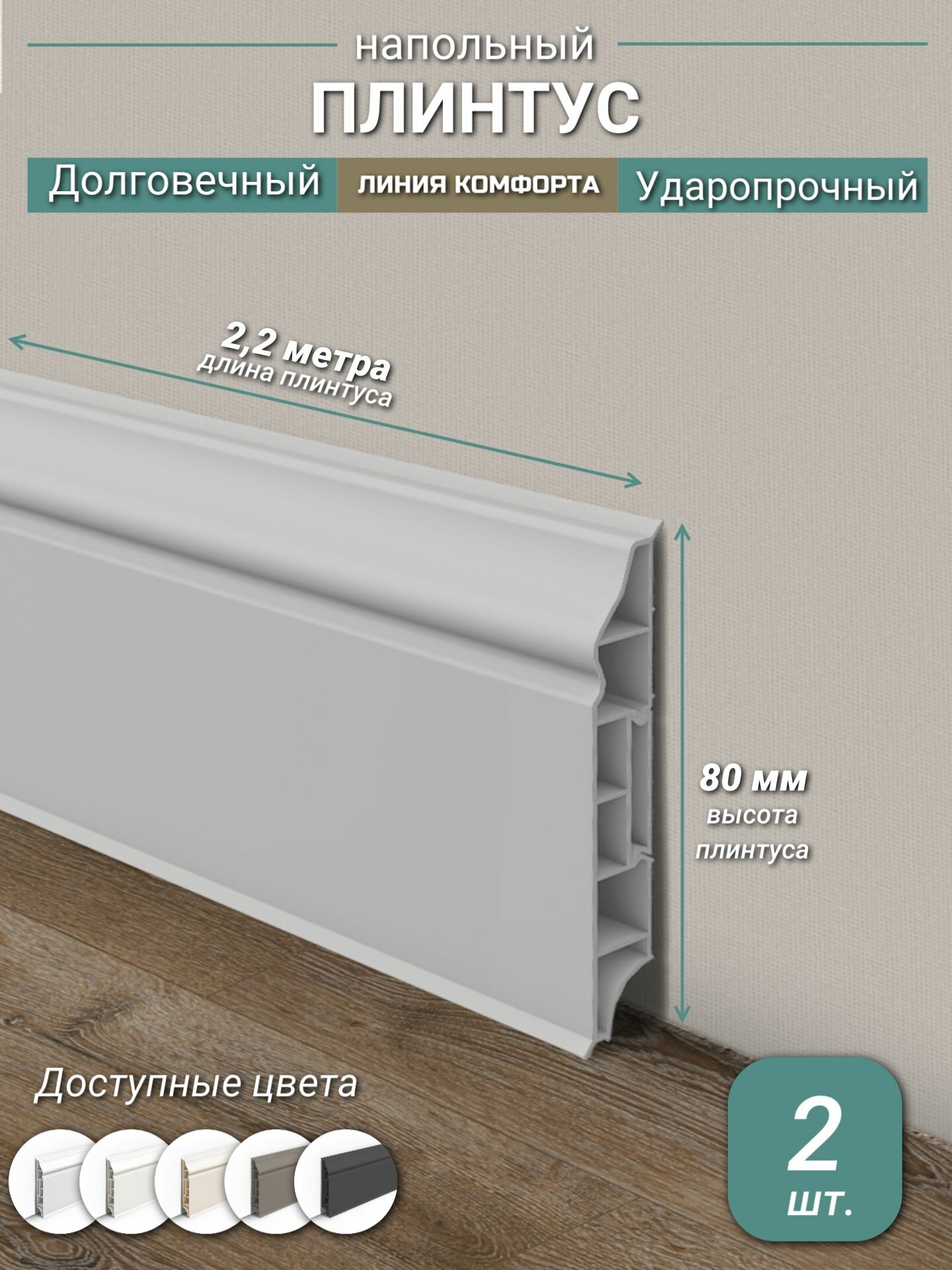 Плинтус Ideal, ПВХ, матовый, влагостойкий, ударопрочный, с кабель-каналом, 2,2 м, фигурный, Светло-серый - 2 шт.