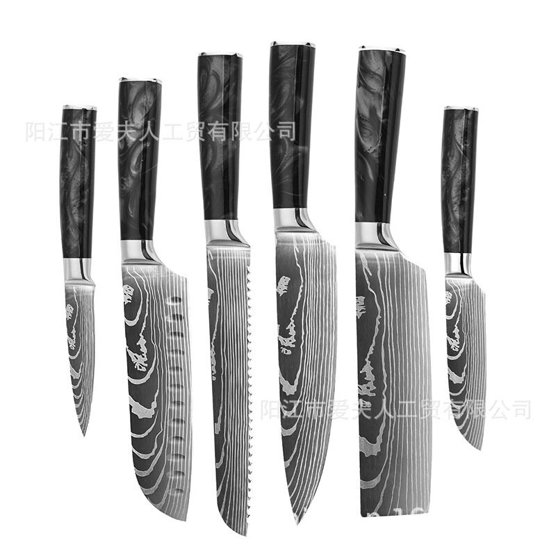 Дамасский поварской нож с лазерной гравировкой, нож сантоку, из нержавеющей стали, для трансграничной торговли на Amazon и AliExpress, с черной рукояткой из смолы.