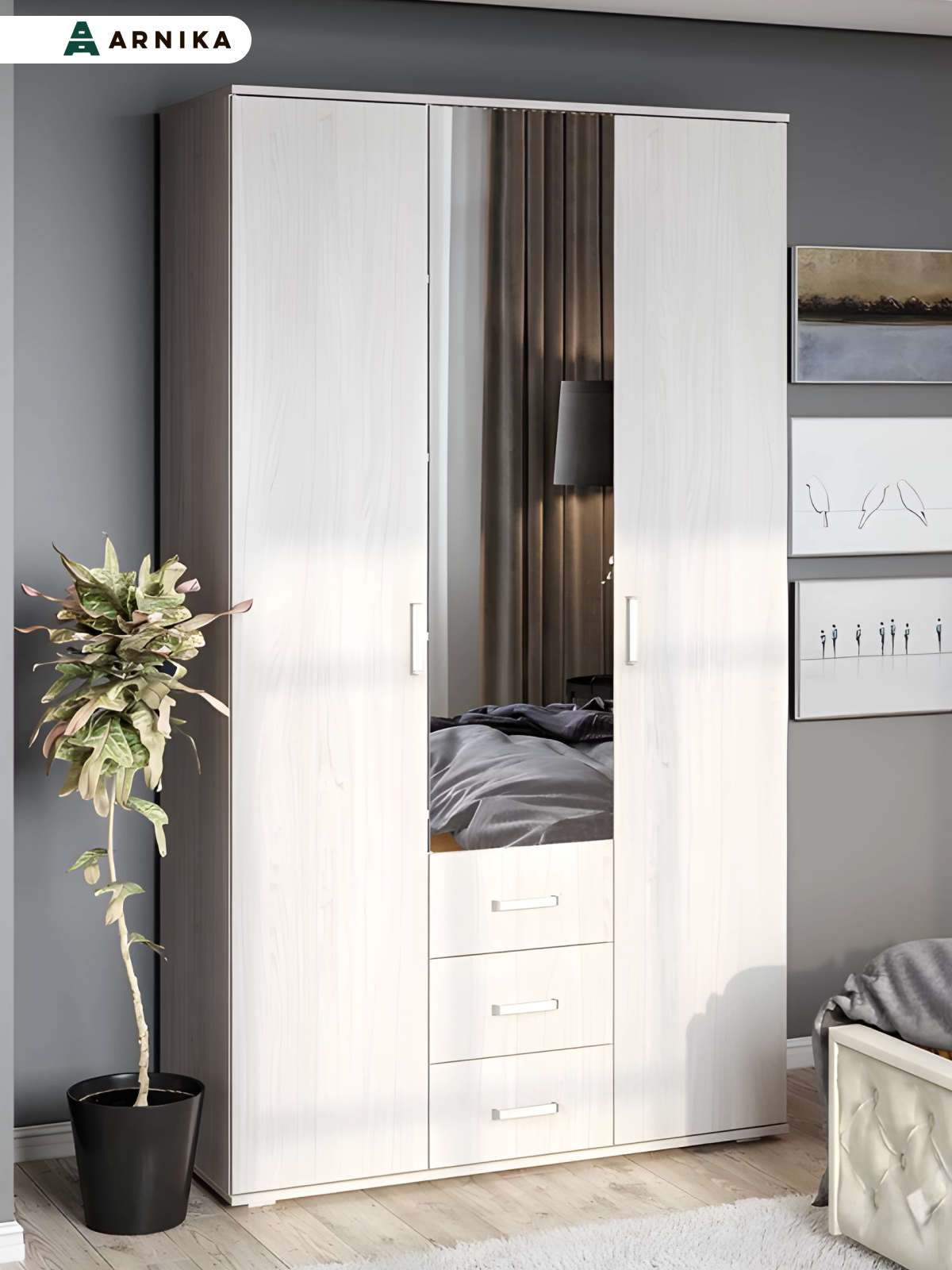 Шкаф ARNIKA "Белла", 3 дверцы, с зеркалом, ясень, 212х120х47 см