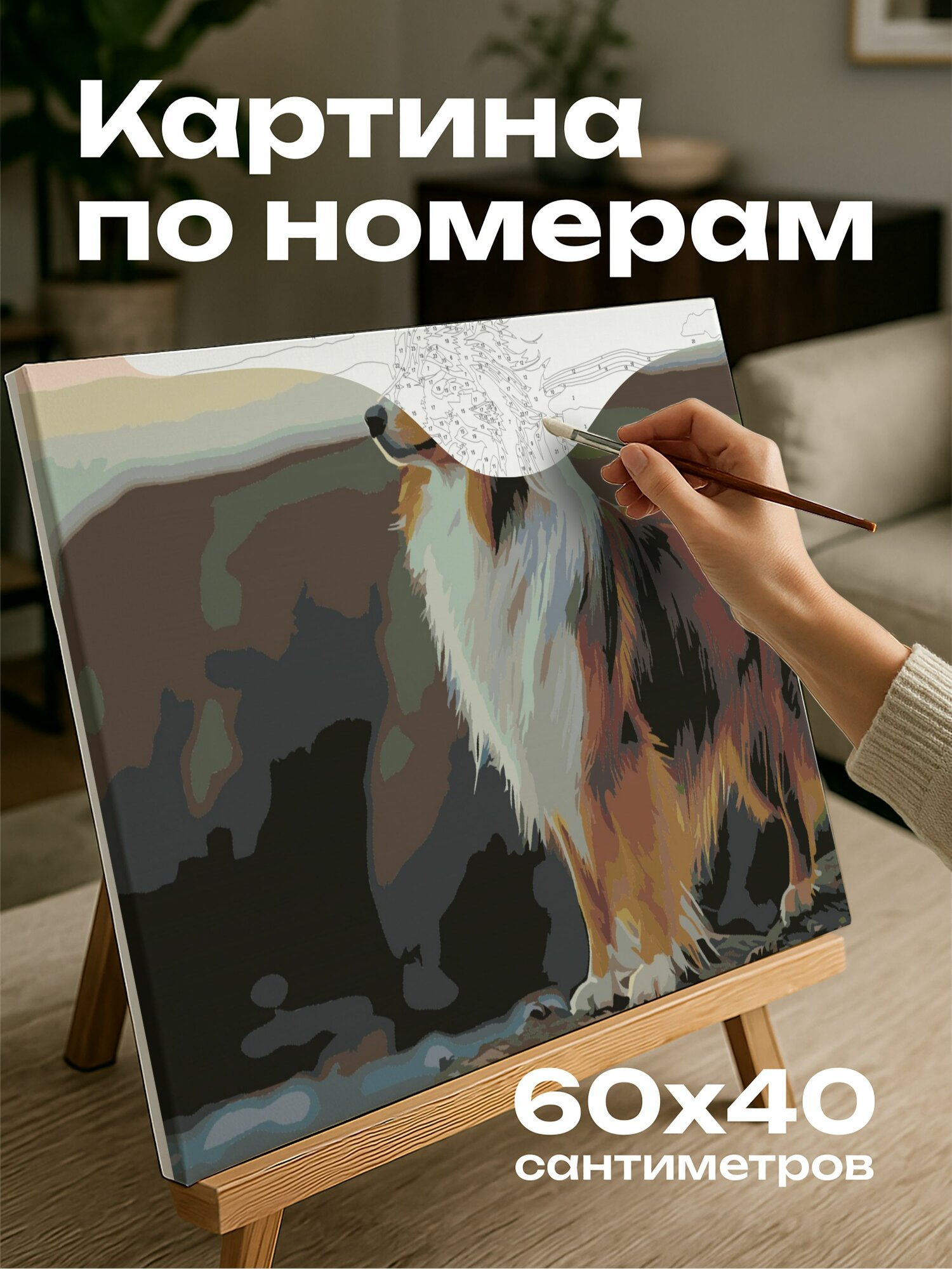 Картина по номерам 60x40 см, Колли, утес, прибрежный пейзаж, ветер, шерсть, защитник, Canon EF 70-200mm f, 2.8L, f, 4