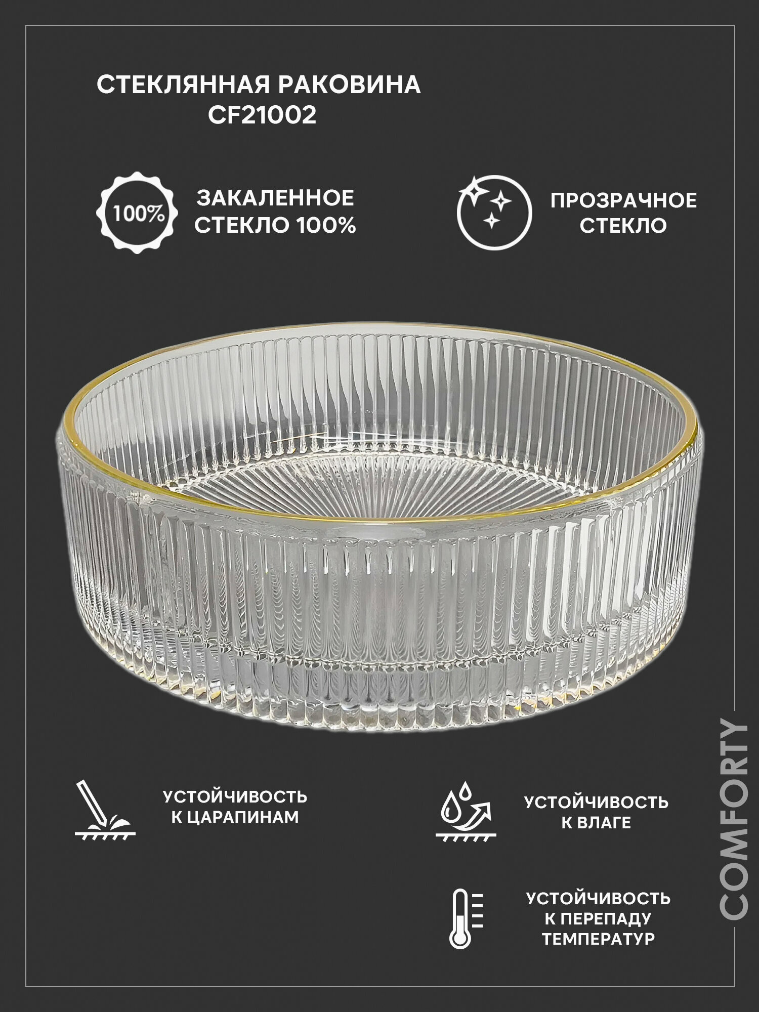 Накладная стеклянная рифленая раковина 40 см для ванной Comforty CF21002 на столешницу прозрачная с золотым кантом