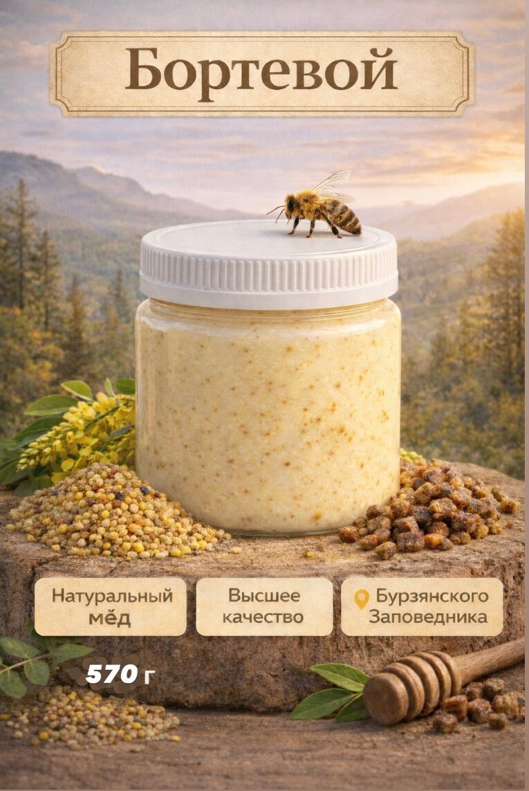 Бортевой мёд, Натуральный, без сахара. 570грамм. Пл. Банка с винт. крышкой(упаковка Крафт) Самый полезный мёд!