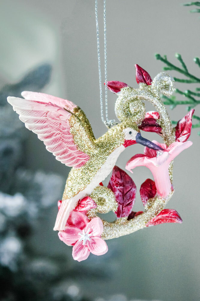 Ёлочная игрушка колибри В цветах на золотистой веточке, полистоун, 10 см, Kurts Adler E0456-1