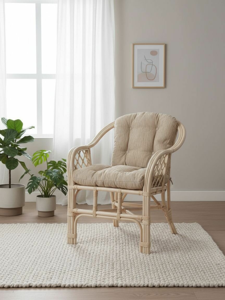 Кресло плетёное из ротанга с мягкими подушками