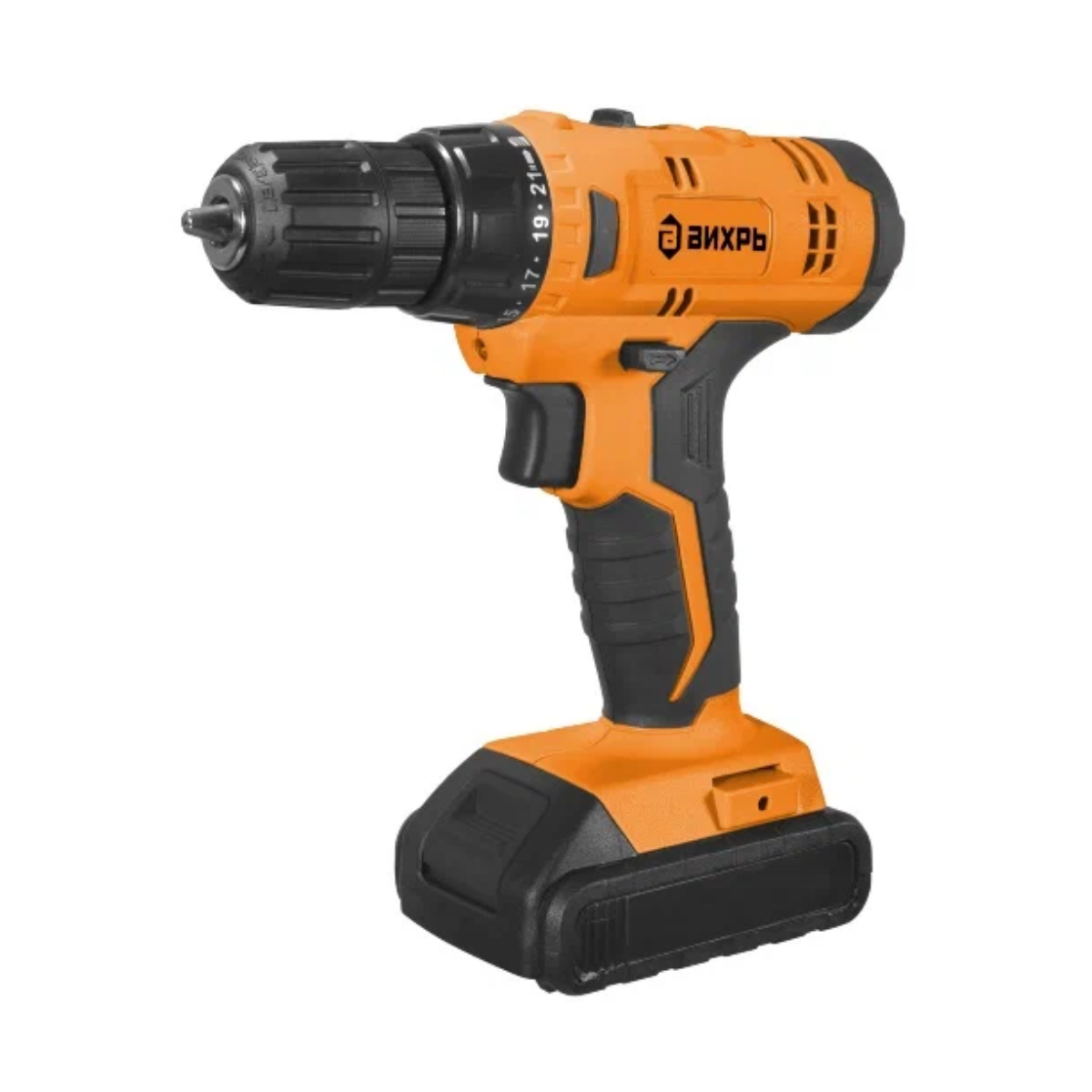 Дрель-шуруповерт аккумуляторная Вихрь ДА-20Л-2К оранжевый/черный, Li-Ion 20В 2Ач, 2 скорости 1400 об/мин