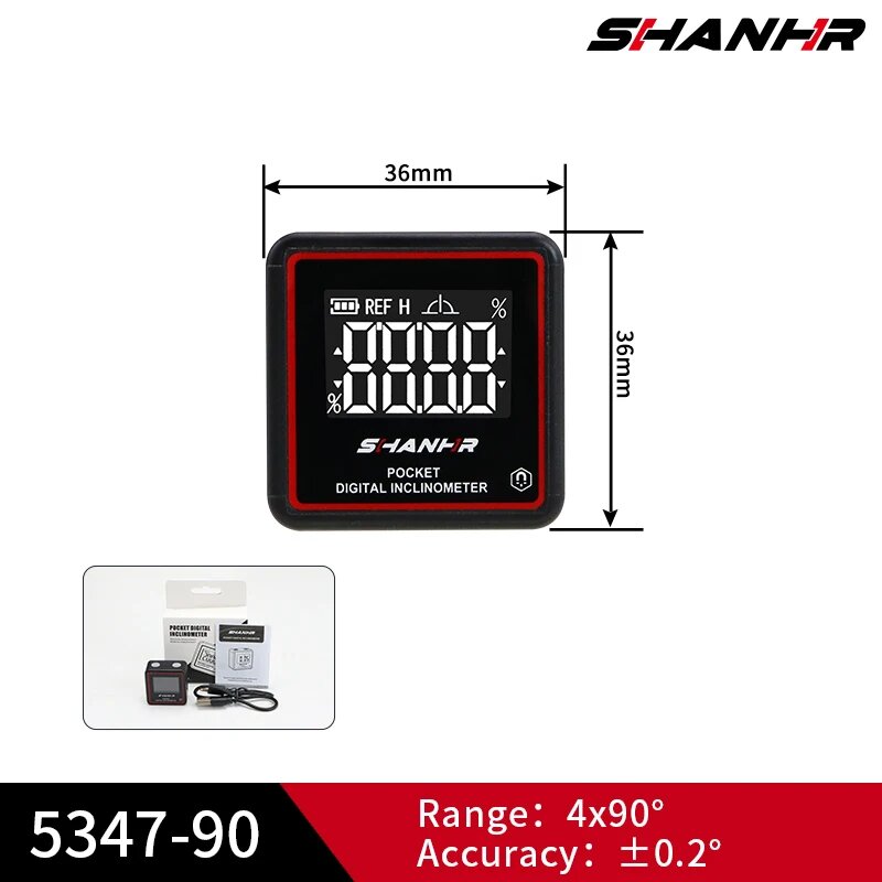 Цифровой угломер SHANHR, 36 мм, Range: 4x90°, Accuracy: ±0.2°