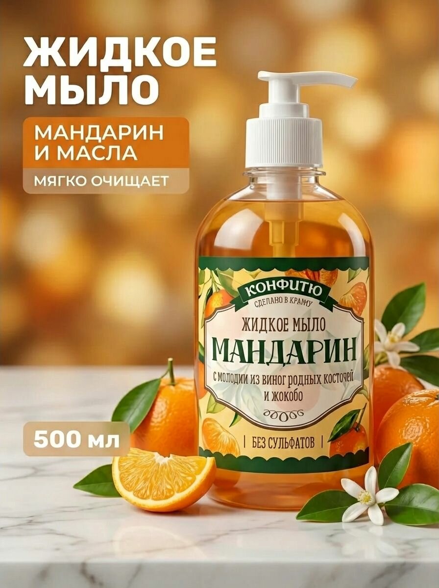 Жидкое бессульфатное мыло Мандарин натуральное с маслами жожоба и виноградных косточек для мягкого очищения кожи 460 мл