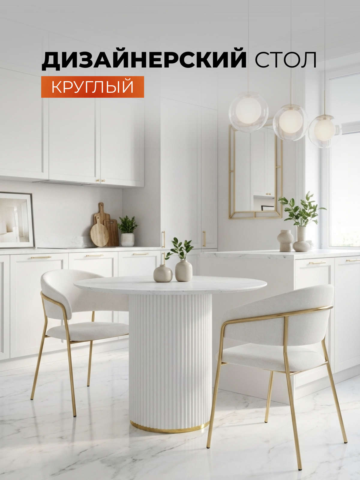 Стол кухонный обеденный круглый, 100х100 см, на 4 персоны, дизайнерский, Монте Белый