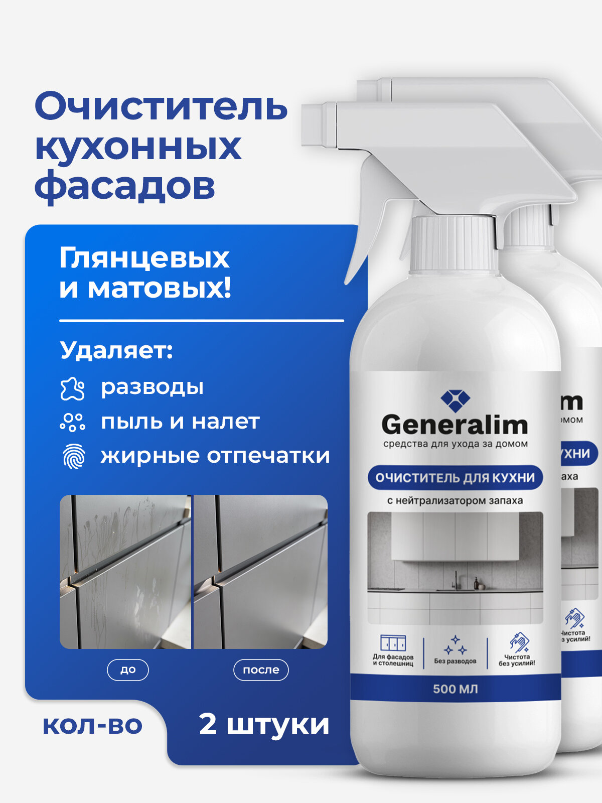 Средство для мытья глянцевых и матовых фасадов кухни, набор из 2 шт.