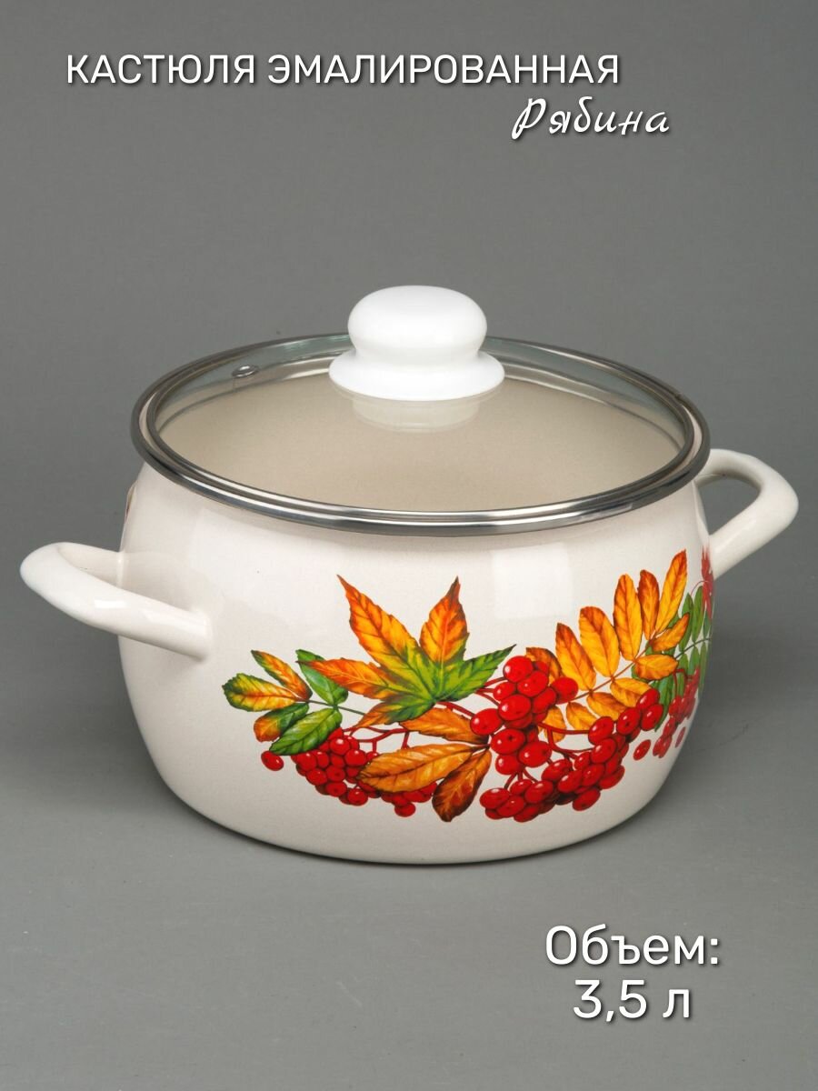 Кастрюля 3,5л эмалированная сферическая рисунок Рябина со стеклянной крышкой