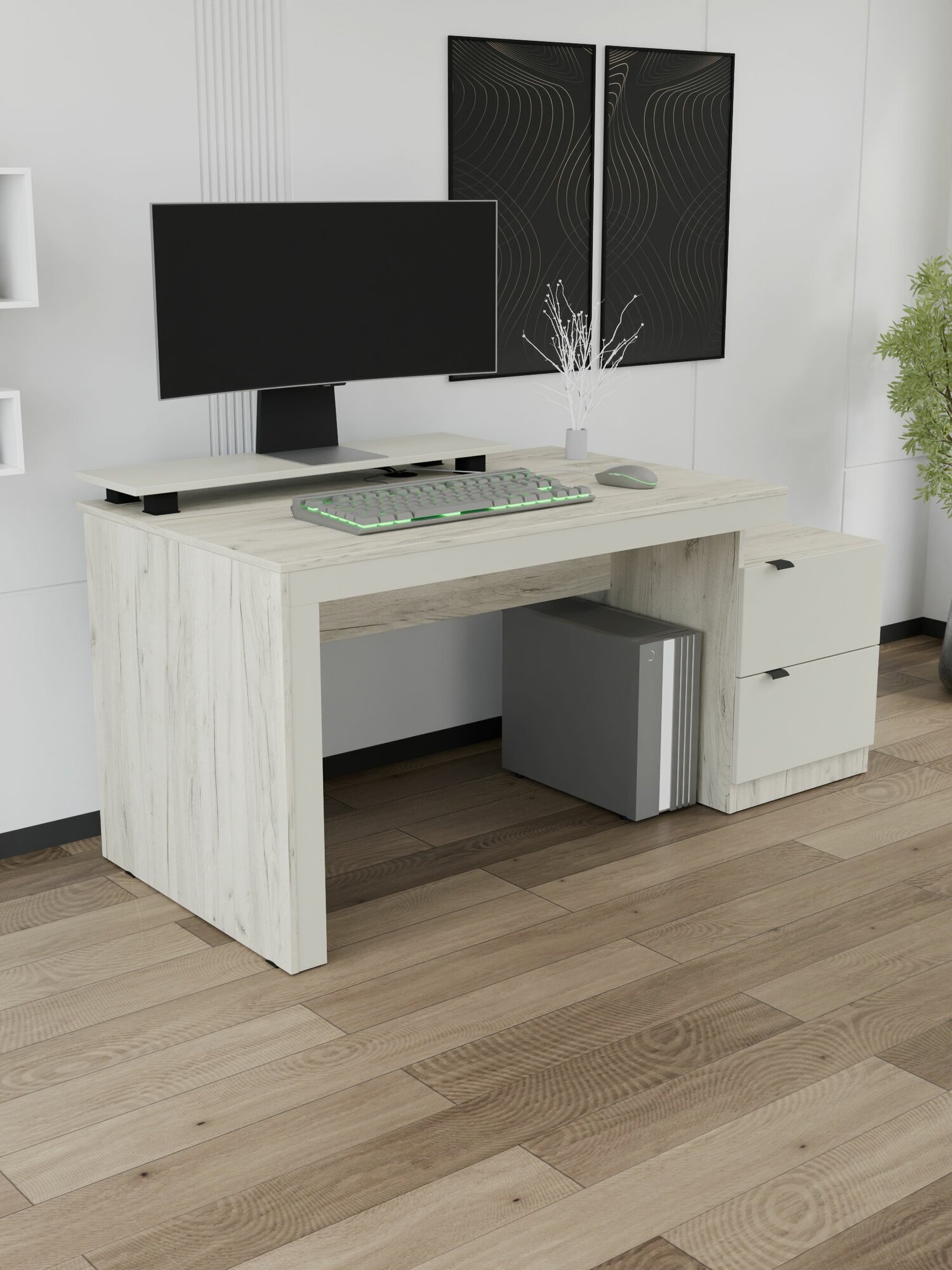 Изумлит Стол компьютерный для офиса и дома Вертикаль Компакт Лайт 165х73х74.5 см, тумба справа, дуб крафт белый - бежевый