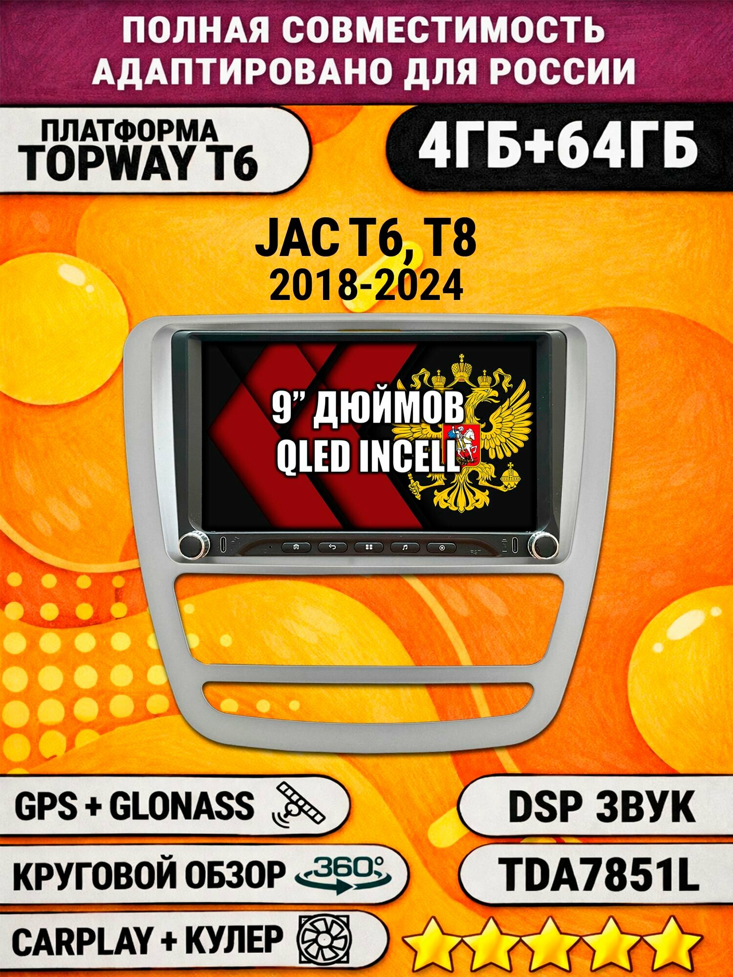 Штатная магнитола Андроид 9 для JAC T6 T8 (2018-2024), 4/64гб, DSP, 360 обзор, беспроводной CarPlay и Android Auto, GPS и ГЛОНАСС