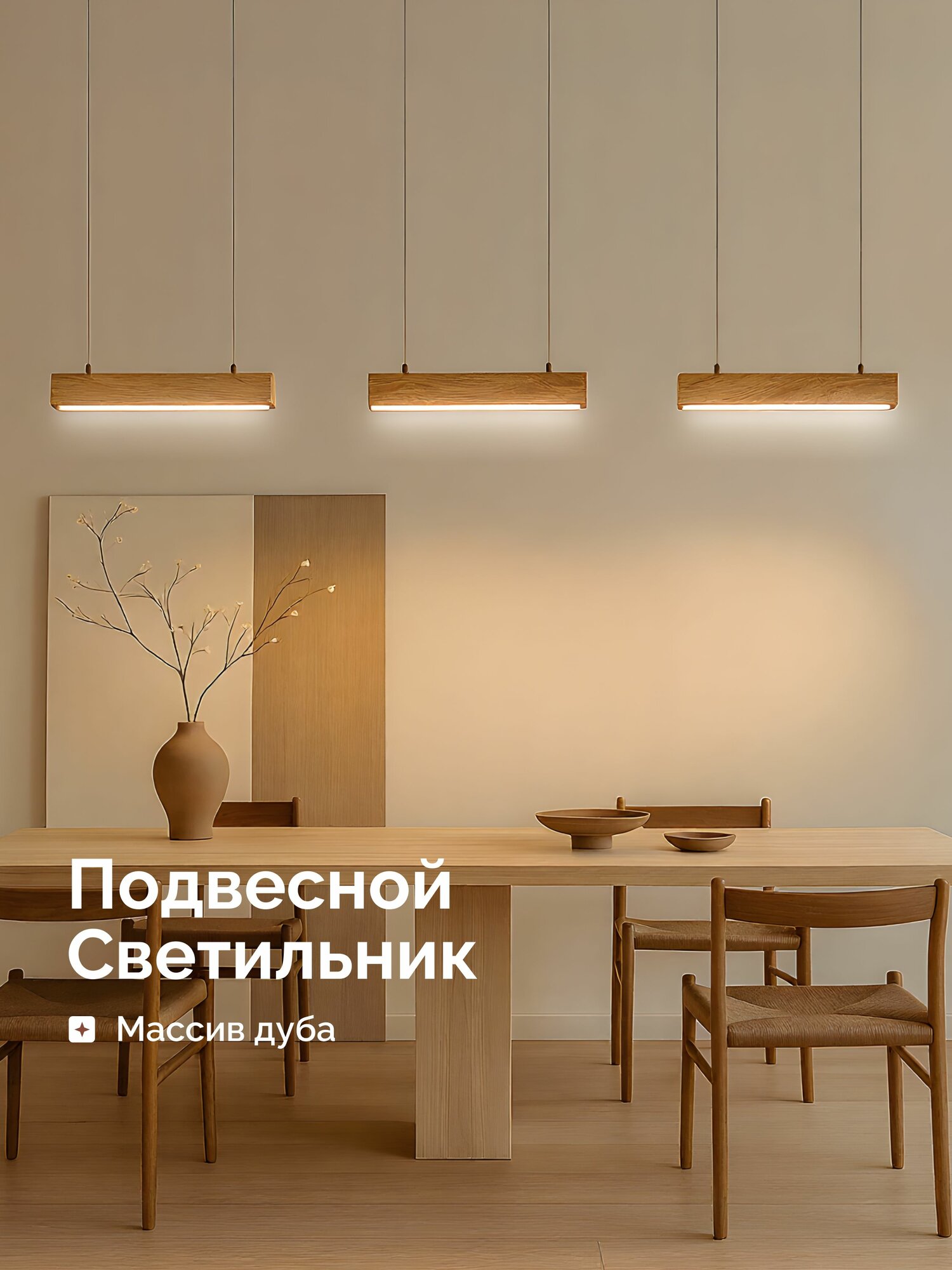 HOLZTAG Потолочный подвесной светильник из дерева, люстра, массив дуба 2.5х6х80см, дневной свет