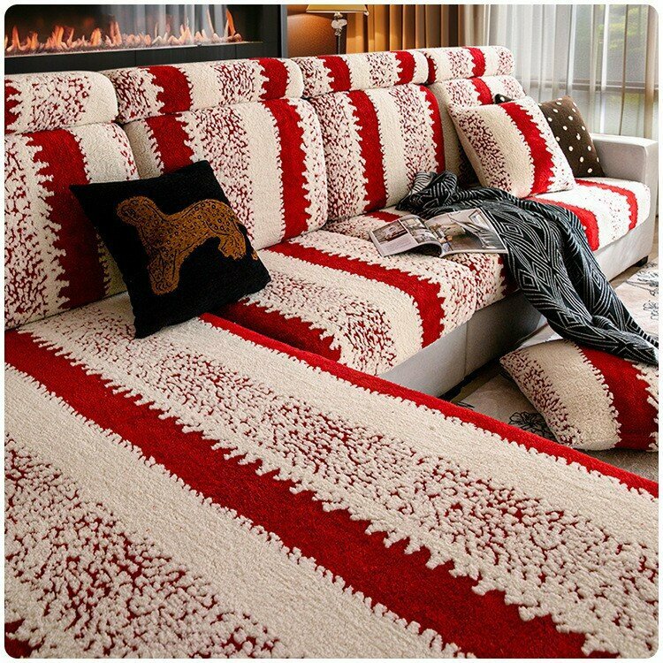 Свадебный красный чехол для дивана, универсальный чехол с полным покрытием, зимний толстый плюшевый чехол для дивана, новая модель чехла для подушки 2026 года.