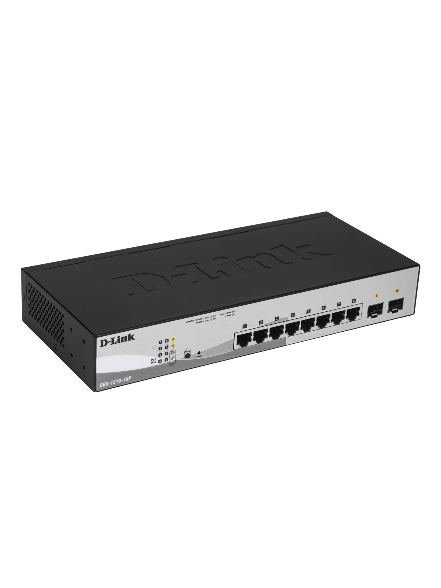 Управляемый L2 коммутатор D-Link DGS-1210-10P/FL с 8 гигабитными портами и 2 портами SFP (PoE бюджет 65 Вт)