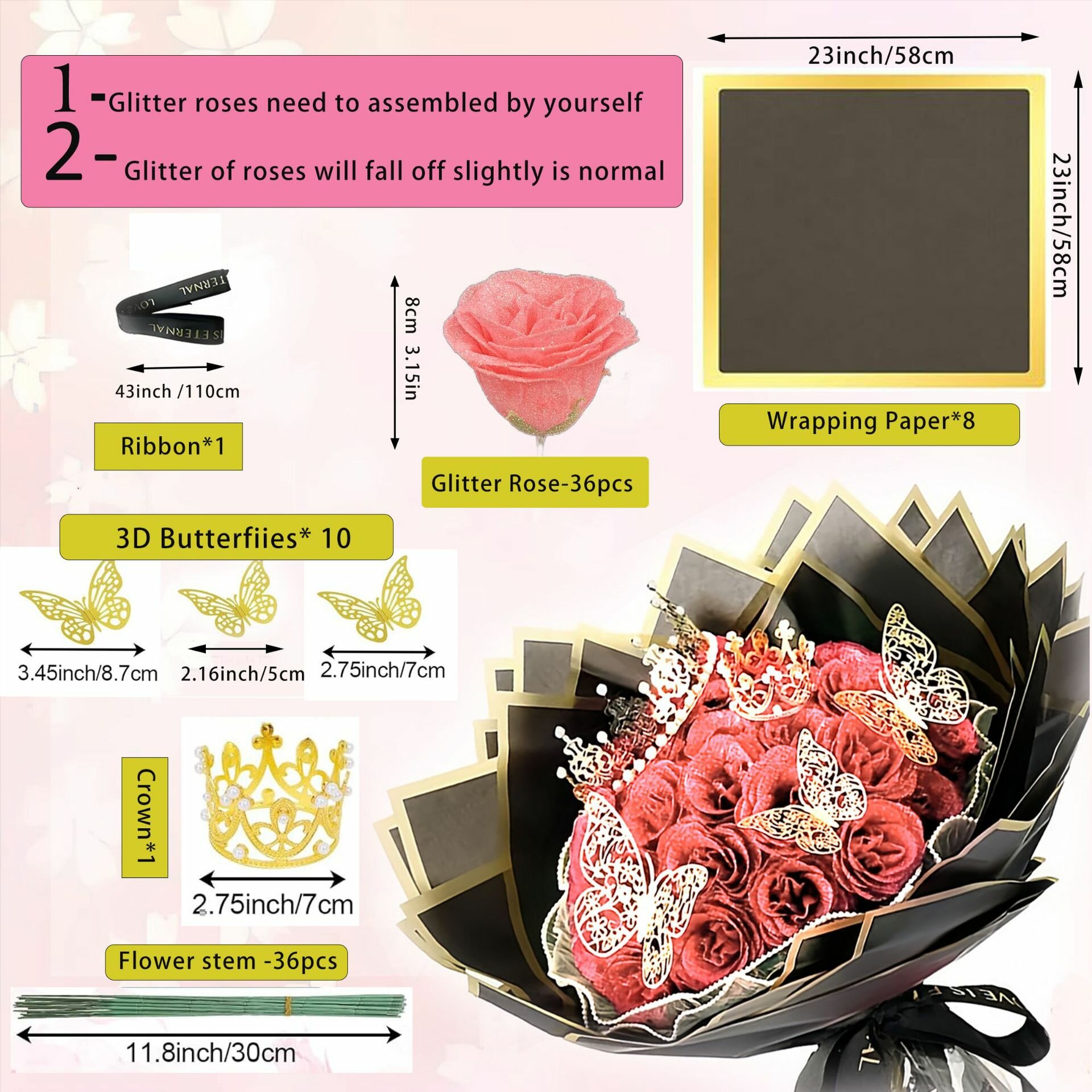 Блестящие розы, 3D-бабочки, корона, 24-36 штук, золотой блестящий букет, искусственные розы, бумага для упаковки своими руками, искусственные цветы на Хэллоуин.