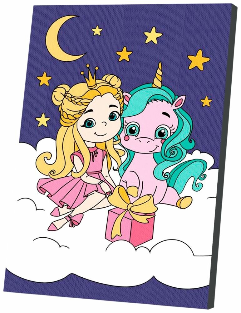 Картина по номерам "Принцесса с единорогом" на холсте с подрамником, раскраска для детей, набор для творчества, живописи и рисования, в комплекте морозостойкие краски 10 цветов, 30х20 см