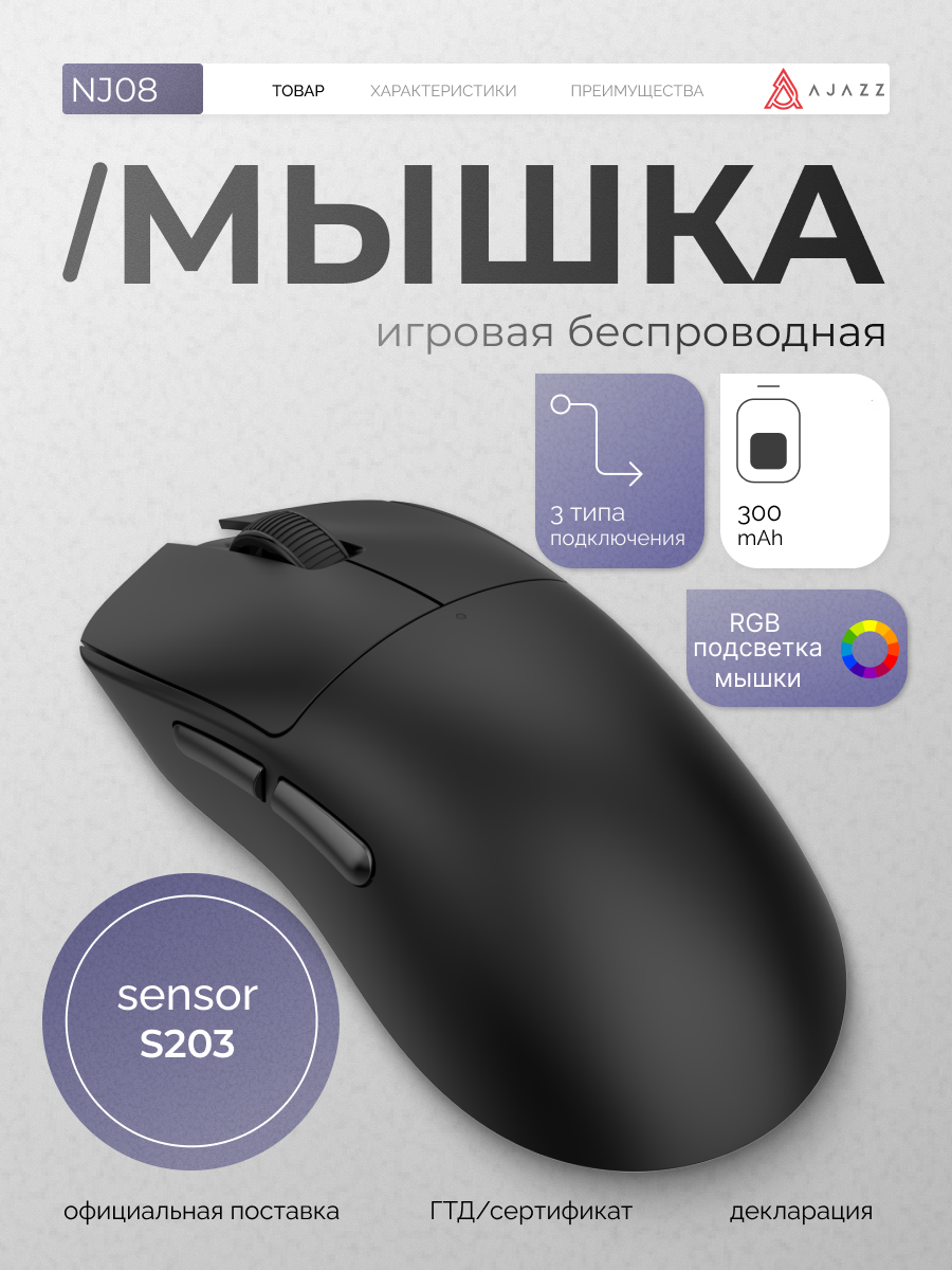 Игровая беспроводная мышь NJ08 , 3 типа подключения , черная, сенсор S203, с RGB подсветкой