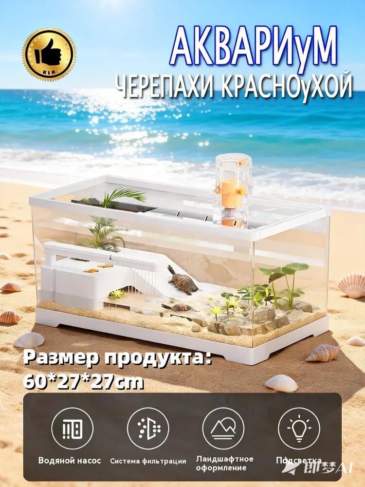 Террариум для черепах 60 см с островком и фильтром, белый, для рептилий, акватеррариум