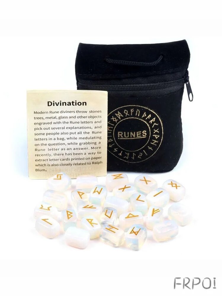 Руны скандинавские для гадания из Лунного камня (Опалит), Набор 25 шт с мешочком и инструкцией на русском. Красивый подарок эзотерику