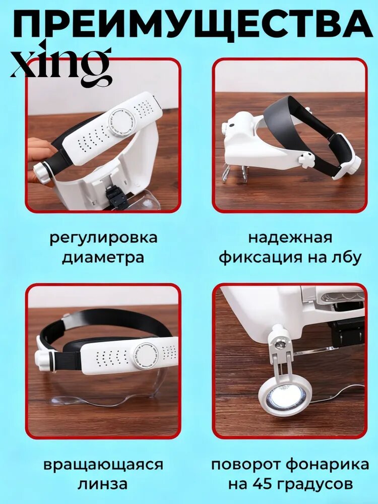 Лупа налобная с подсветкой 14x, с 5 линзами в комплекте для рукоделия, ремонта и чтения — фото 1