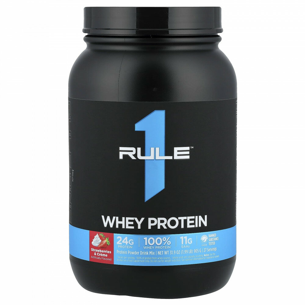 Rule One Proteins, сывороточный протеин, со вкусом клубники с кремом, 905 г (1,99 фунта)
