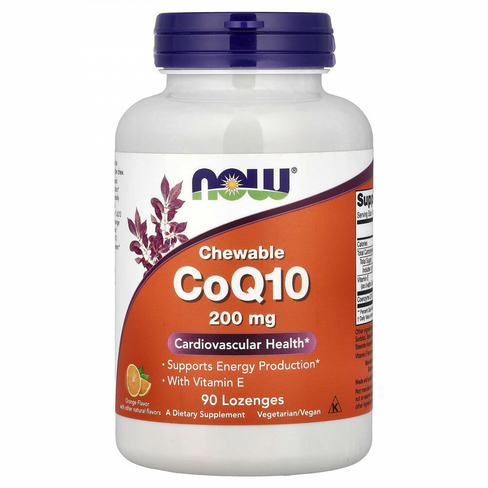 NOW Foods, жевательный коэнзим Q10 с витамином E, апельсин, 90 пастилок