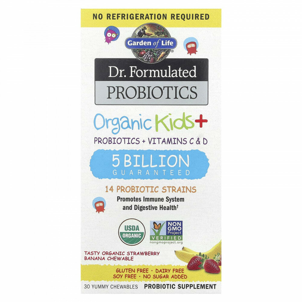 Garden of Life, Компания Dr. Formated Probiotics, органические жевательные таблетки для детей, вкусная органическая клубника и банан, 30 вкусных жевательных таблеток
