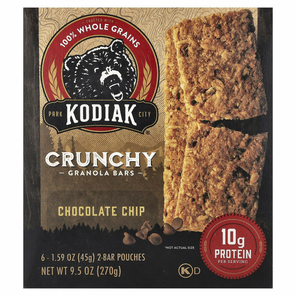 Kodiak Cakes, Хрустящие батончики из мюсли, шоколадная крошка, 6 пакетиков по 2 плитки, 45 г (1,59 унции)