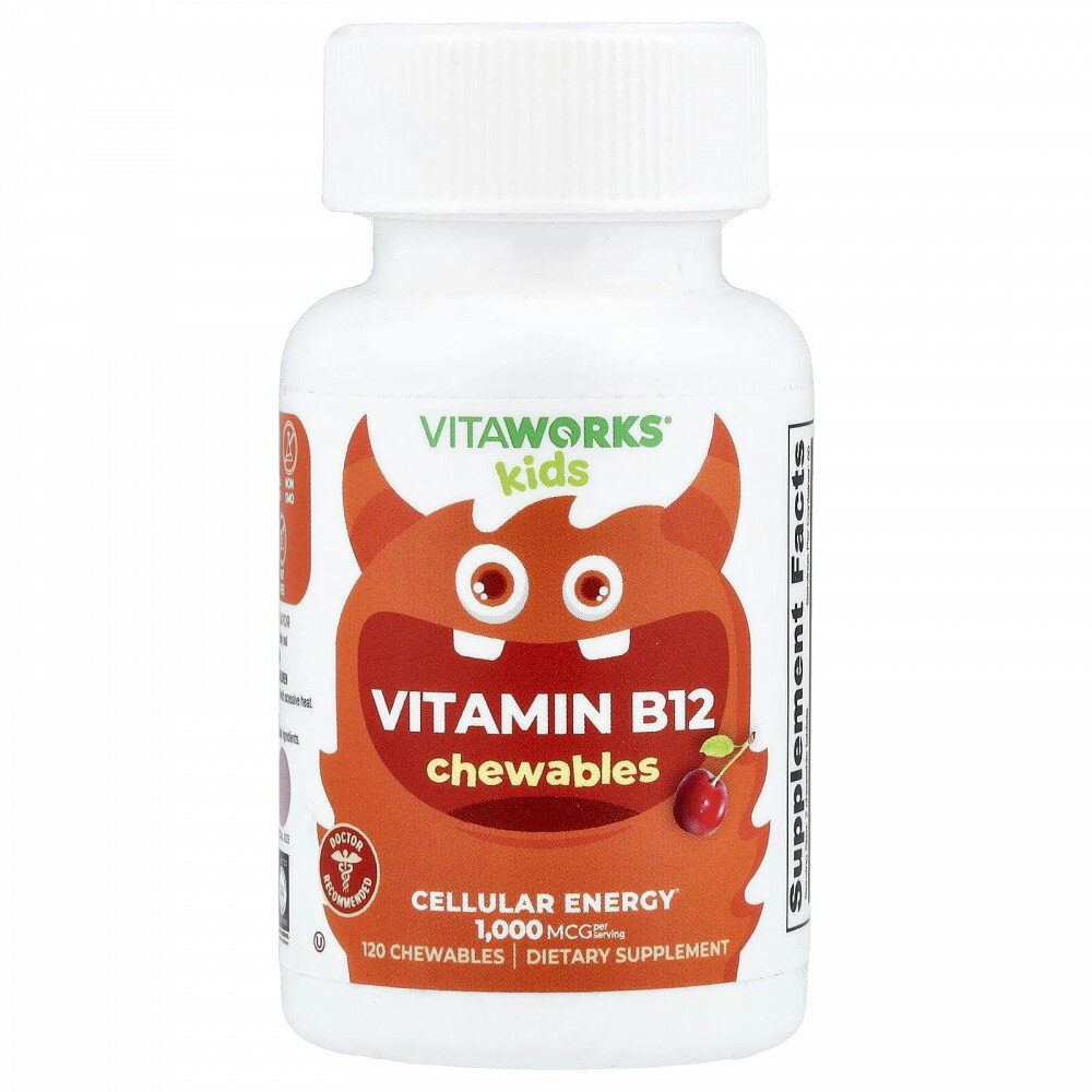 VitaWorks, витамин B12 для детей, со вкусом вишни, 120 жевательных таблеток