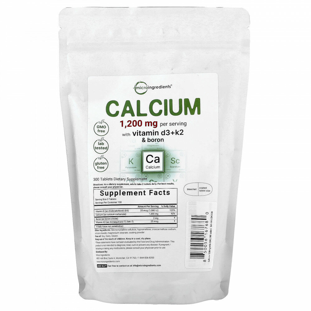Micro Ingredients, кальций с витаминами D3, K2 и бором, 300 таблеток, разделенных на части
