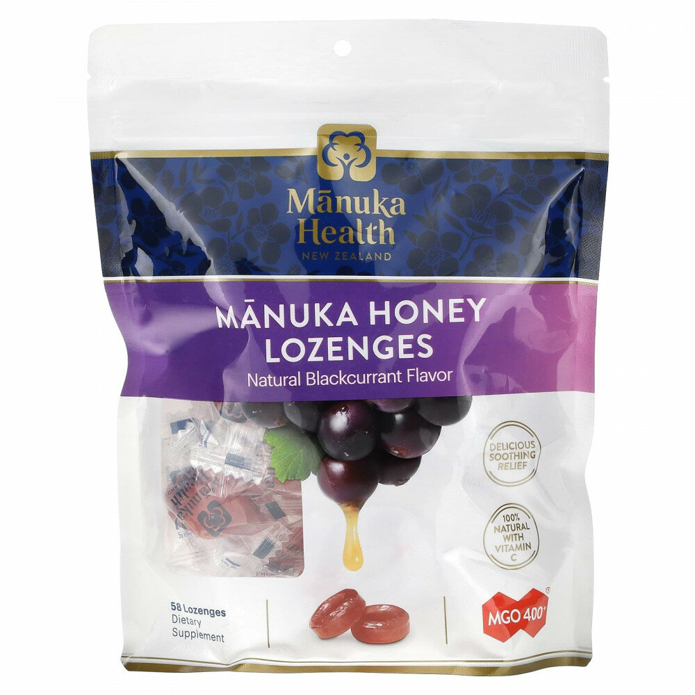 Manuka Health, Леденцы с медом Manuka, натуральная черная смородина, MGO 400+, 58 леденцов