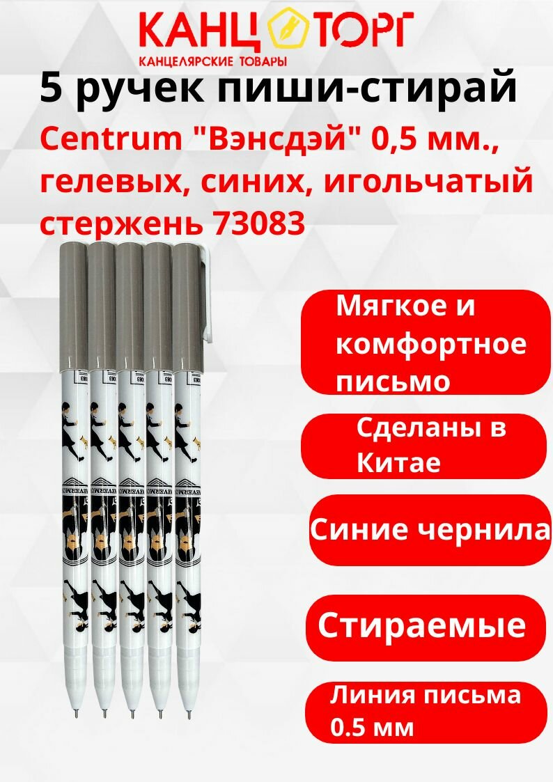 5 ручек пиши-стирай Centrum "Вэнсдэй" 0,5 мм, гелевых, синих, игольчатый стержень 73083