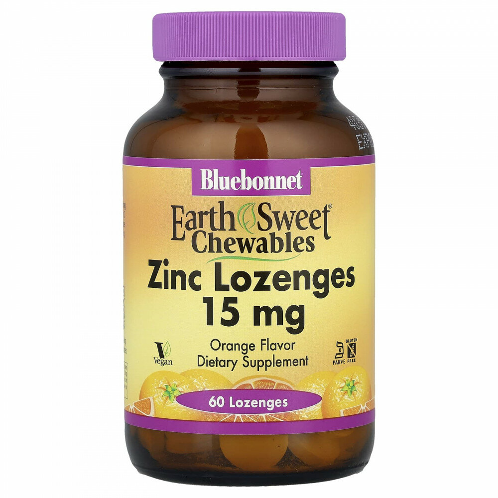 Bluebonnet Nutrition, EarthSweet®, жевательные таблетки с цинком, апельсин, 60 пастилок