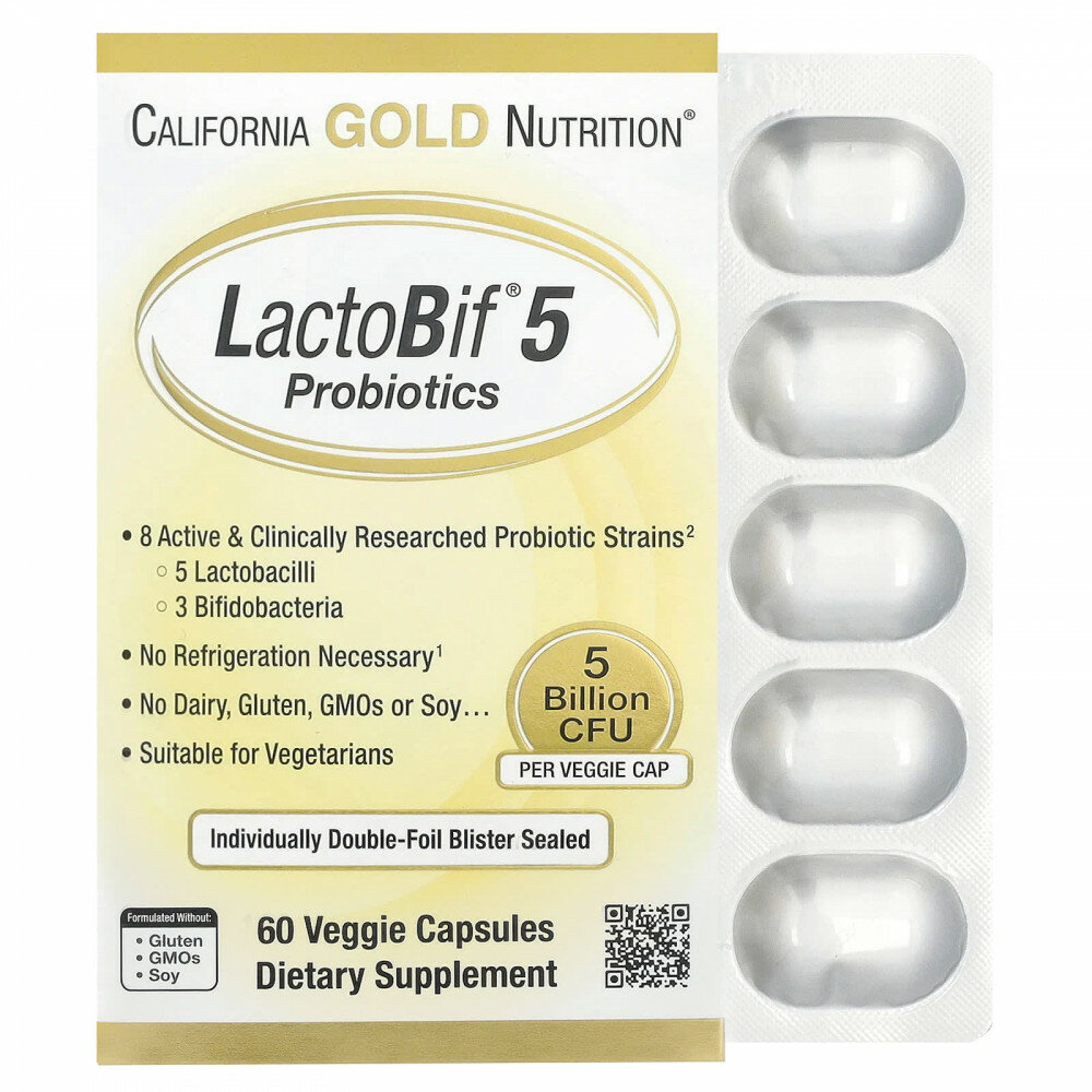 California Gold Nutrition, LactoBif® 5, пробиотики, 5 млрд КОЕ, 60 растительных капсул
